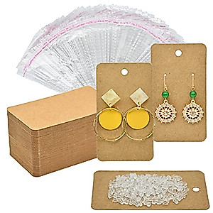 Twavang Earring Card Holder Set, 100Pcs Kraft Paper Earring Display Cards, 100 Pairs Clear Earring Backs with 100Pcs Self Adhesive Bags for Earrings Jewelry Display (Brown, 3.5" x 2")