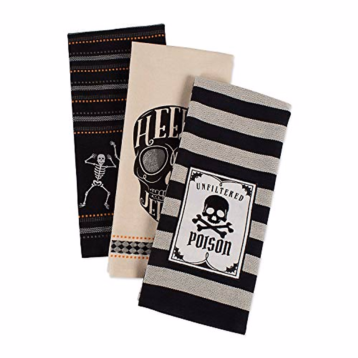 DII Happy Halloween Dishtowel Collection Embellished Cotton Kitchen Hand Towel Set, 18x28, Skeleton, 3 Count
