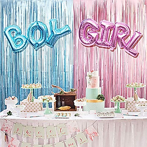 Gender Reveal Decoration Set - Metallic Fringe Curtains + BOY Girl Foil Balloons Gender Reveals Party Photo Backdrop (Pink/Blue)