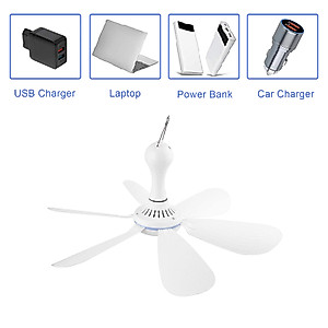 SCOOYEEES USB Powered Ceiling Fan Portable Canopy Fan with ON/OFF switch, 6 Blades Quiet Small DC USB Ceiling Fan Hanging Fan for Camping Cruise RV Tent Gazebo Bed Dormitory Home Room