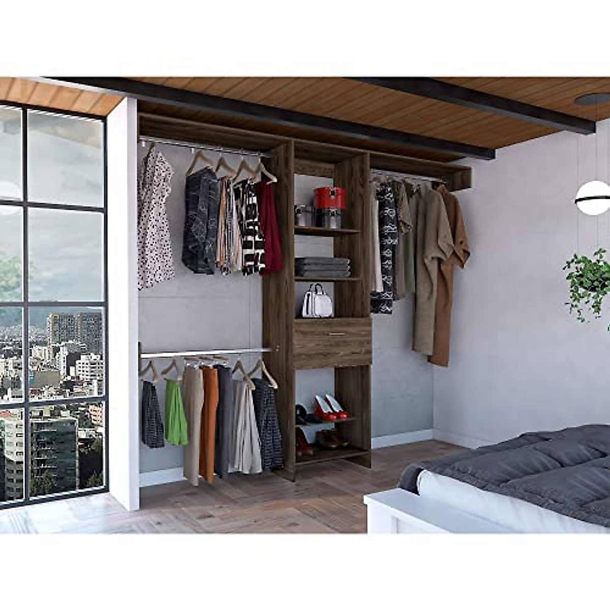 Manchester 250 Closet System with 5 Open Shelves, 1 Drawer, and 3 Metal Rods, Dark Walnut