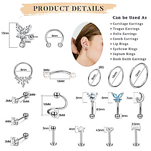 Magitaco 16G Cartilage Earrings Stud Hoop for Women Surgical Steel Forwards Helix Earring Eyebrow Rings Hoop Rook Daith Conch Earrings Nose Septum Rings Tragus Piercing Jewelry
