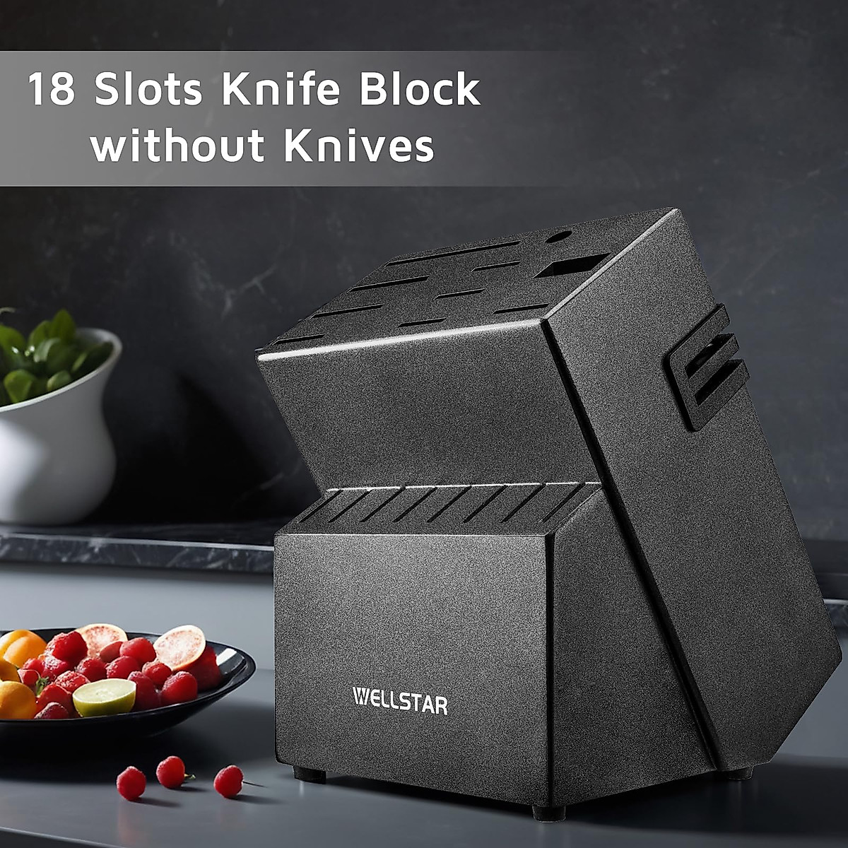 18-Slot Kitchen Knives Block, WELLSTAR Large Capacity Natural Wooden Knife Holder without Knives – Modern Hard Wood Counter-top Knife Storage with Built-in 2-Stage Knife Sharpener - Black