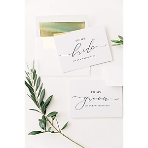 To My Bride To My Groom On Our Wedding Day Card 4x5.5 Folded White Card with Black Caligraphy with Gold Foil Lined Envelopes 2 Card Set Vow Cards Elegant Minimalist Style Wedding Cards