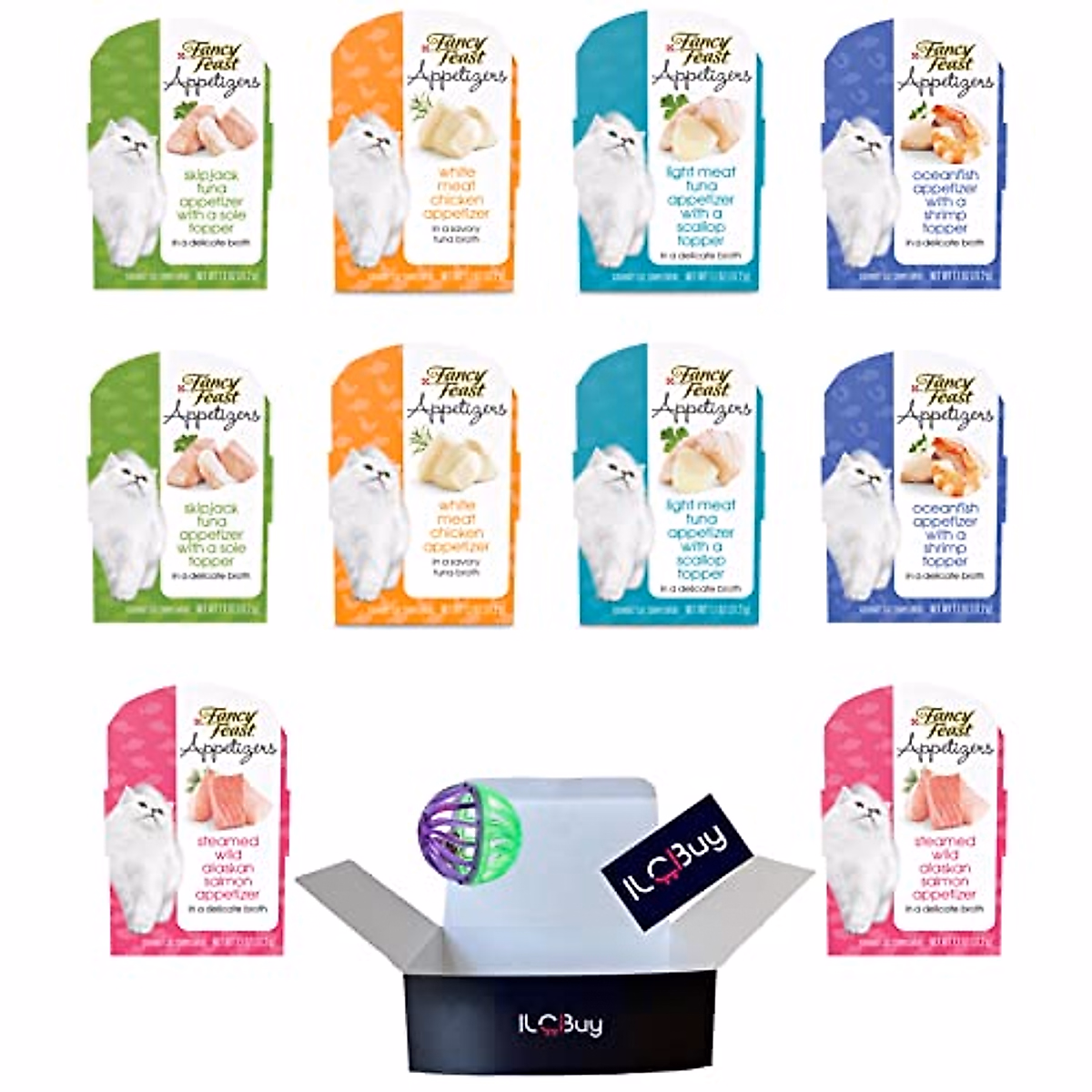 Fancy Feast Appetizers Gourmet Cat Complement Bundle 10 Can in Total, 2 Each: Salmon, Tuna, Chicken, Oceanfish and Skipjack Tuna (1.1 Oz) Plus a Noisy Cat Toy Ball and Magnet