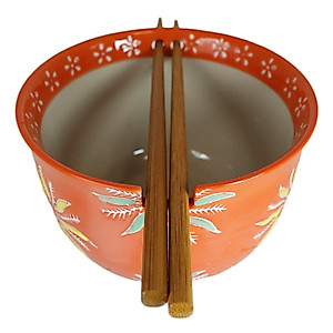 Ebros Japanese Design Ceramic Ramen Udong Noodles Bowl and Chopsticks Set For Asian Dining Soup Rice Gourmet Meal As Taste of Asia Collection Of Bowls Decor Kitchen Decorative (Orange Flower Blossoms)