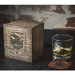 Handcrafted Whiskey Gift Set with Custom Glass, Engraved Wood Box, and Leather Coaster - Stylish Gifts for Game Fan - Unique Present for Him (Fox Hound)