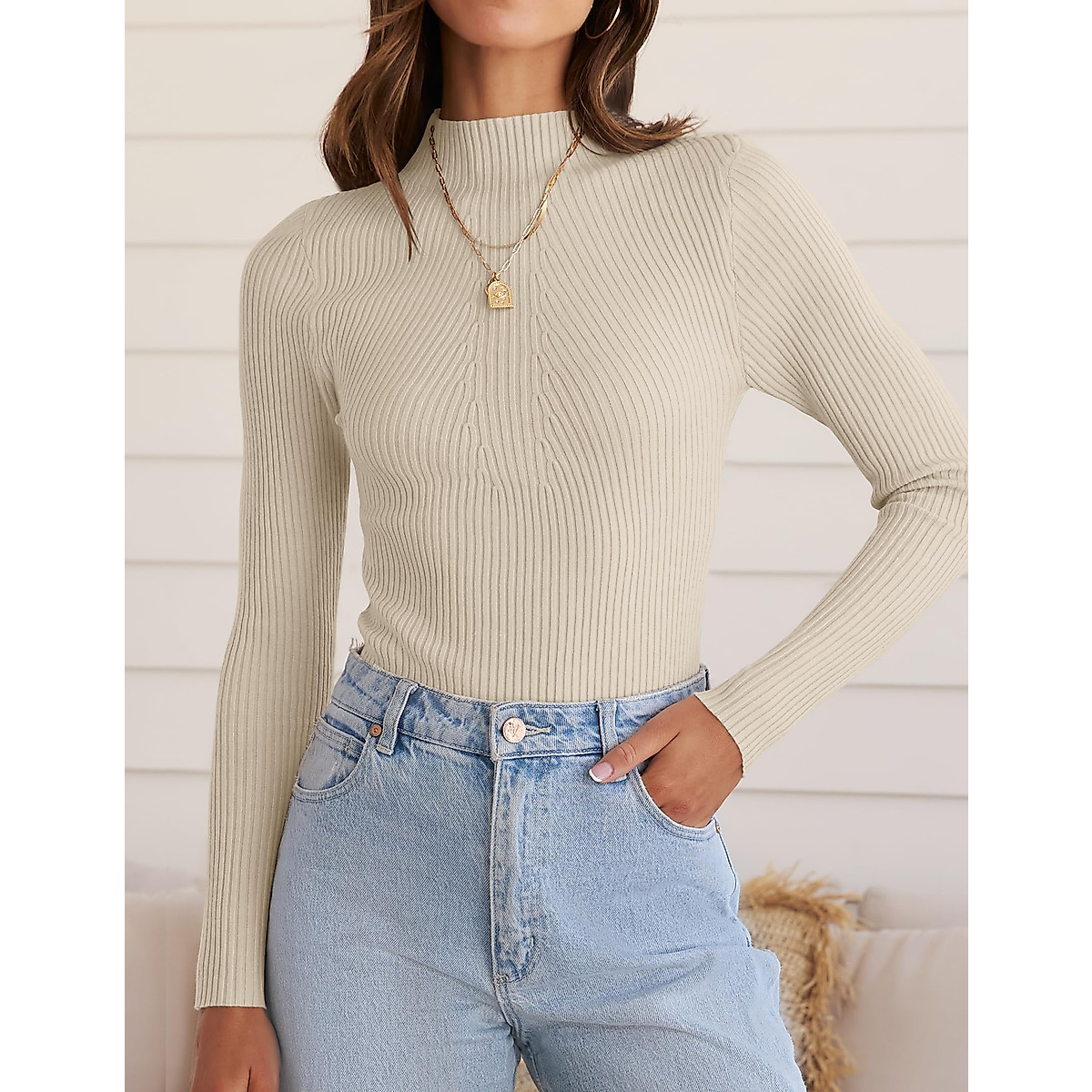 ZESICA Women's Fall Long Sleeve Turtleneck T Shirt Ribbed Knit Sweater Slim Fit Basic Casual Tee Tops,Almond,Medium