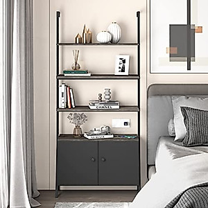 Usinso Wood Metal Ladder Bookshelf, Industrial 4-Tier Black Bookcase with Wide Storage Cabinet, Rustic Brown Bookshelf for Living Room, Shelves for Storage Bedroom, 30L x 13W x 70H Inch