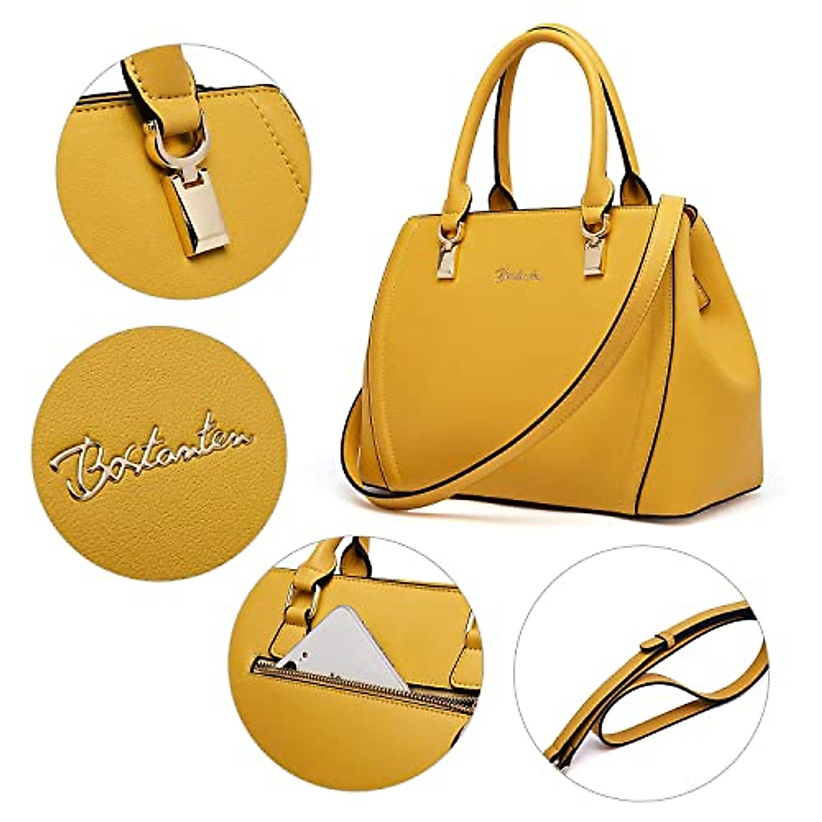 BOSTANTEN Women Leather Handbag Designer Top Handle Satchel Shoulder Bag Crossbody Purse Yellow Leather Wallets for Women RFID Blocking Zipper Pocket Small Bifold Wallet Card Case