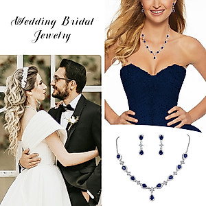 EleQueen Women's Silver-tone Cubic Zirconia Teardrop Flower Bridal V-Necklace Set Dangle Earrings Sapphire Color