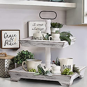 HAPOO Tiered Tray Two Tiered Tray for Easter Fall Halloween Thanksgiving Christmas Decors Wood Farmhouse Tiered Tray Stand for Countertop