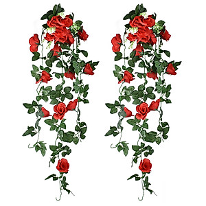 VIOCIWUO 2PCS Artificial Rose Vine Flowers, Fake Garland Plant Hanging Silk Rose Vine for Wall Home Balcony Garden Wedding Indoor Outdoor Decoration(Red, 35.4 Inch)