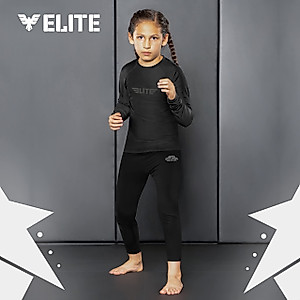 Elite Sports Kids MMA BJJ Athletic Spats Leggings Tights, Kids Jiu Jitsu Compression Base Layer Training Workout Pants (Black, X-Large)