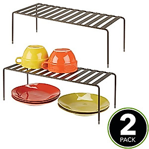 mDesign Modern Metal Storage Shelf Rack - 2 Tier Raised Food and Kitchen Organizer for Cabinets, Pantry Shelves, Countertops Dishes, Plates, Bowls, Mugs, Glasses - 2 Pack - Bronze
