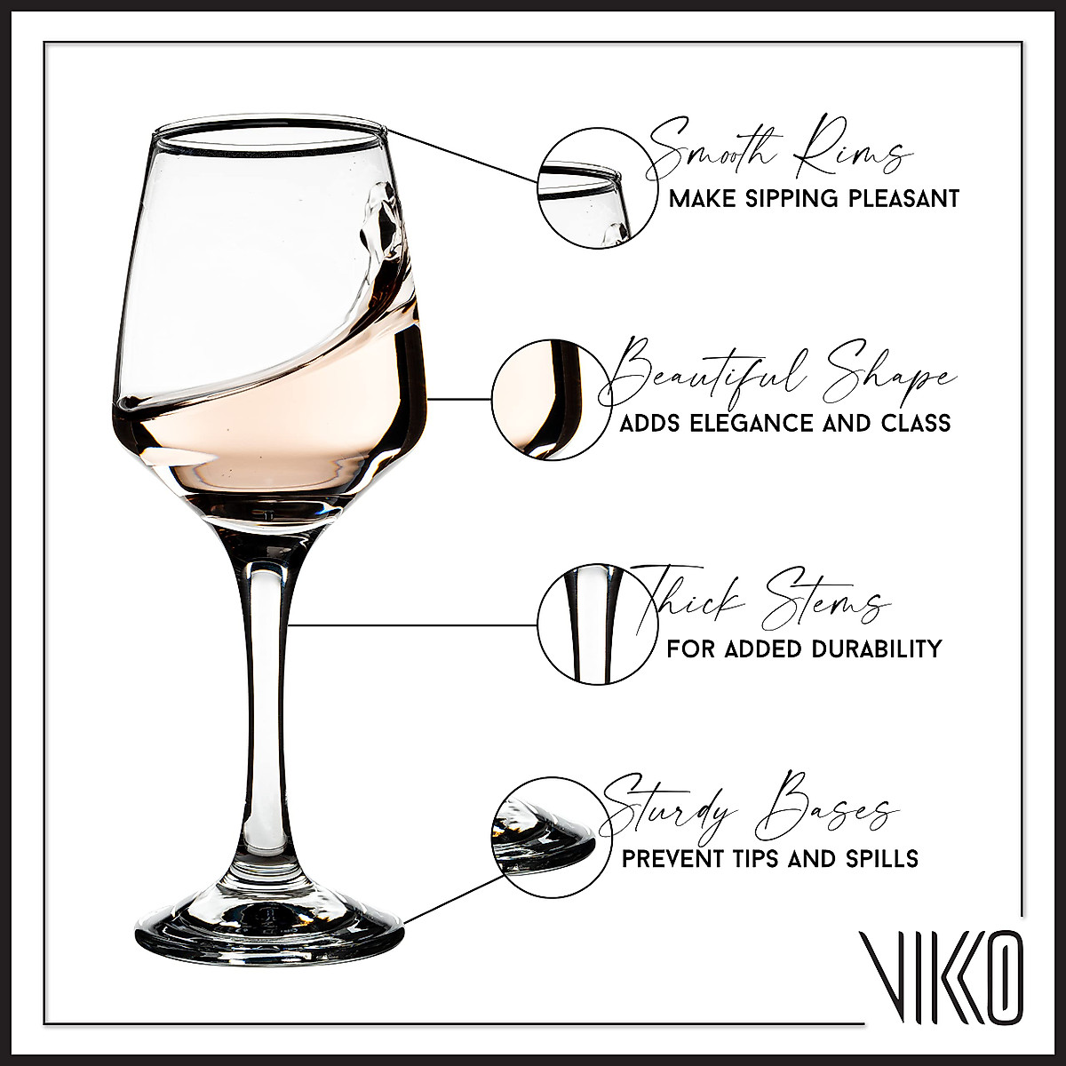 Vikko Stemmed Wine Glasses, 10.5 Oz White Wine Glasses, Set of 6 Red Wine Glasses Set, Thick and Durable Glass Wine Glasses, Stem Wine Glasses