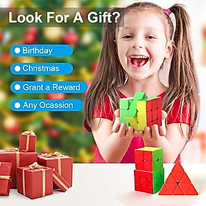 Roxenda Speed Cube Set, Speed Cube Bundle of 2x2 3x3 Pyramid Cube and Magic Rainbow Ball Smoothly Magic Cubes Collection for Kids Teens & Adults [4 Pack] (Stickerless)