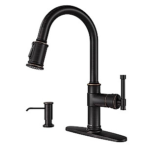 Antique Oil Rubbed Bronze Kitchen Sink Faucet with Soap Dispenser, DAYONE Pull Down Farmhouse Faucet for Sink with 3 Mode Sprayer, Single Handle High Arc, DAY-APS136-ORB