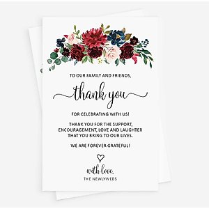 50 Burgundy Marsala Navy Thank You Place Cards, Wedding, Rehearsal Dinner Thank You Table Sign, Menu Place Setting Card Notes, Placement Thank You Note Favors For Family & Guests (50-cards)