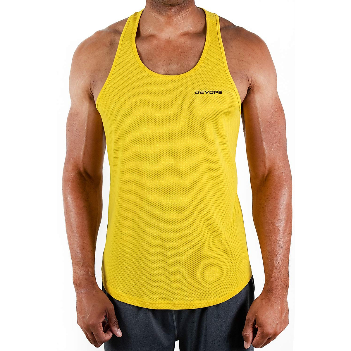DEVOPS 3 Pack Men's Y-Back Dry Fit Muscle Gym Workout Tank Top (Large, Charcoal/Red/Yellow)