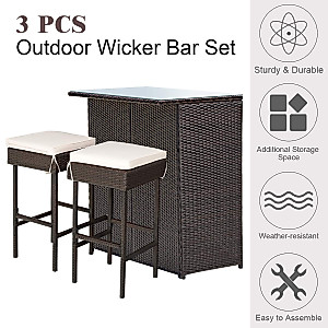 Tangkula Patio Bar Set, 3 Piece Outdoor Rattan Wicker Bar Set with 2 Cushions Stools & Glass Top Table, Outdoor Furniture Set for Patios Backyards Porches Gardens Poolside (Beige)