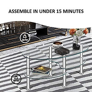 Tangkula Glass Coffee Table, Modern Furniture Decor 2-Tier Modern Oval Smooth Glass Tea Table End Table for Home Office with 2 Tier Tempered Glass Boards & Sturdy Chrome Plated Legs