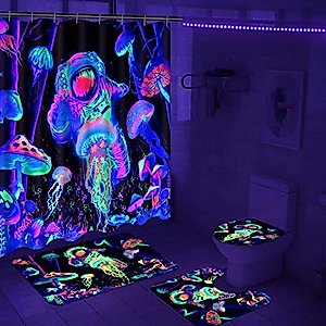Alishomtll 4 Pcs Blacklight Astronaut Kids Shower Curtain Sets with Rugs, Black Light Space Bathroom Set with Shower Curtain and Rugs, Mushroom Jellyfish Bathroom Sets Decor for Men