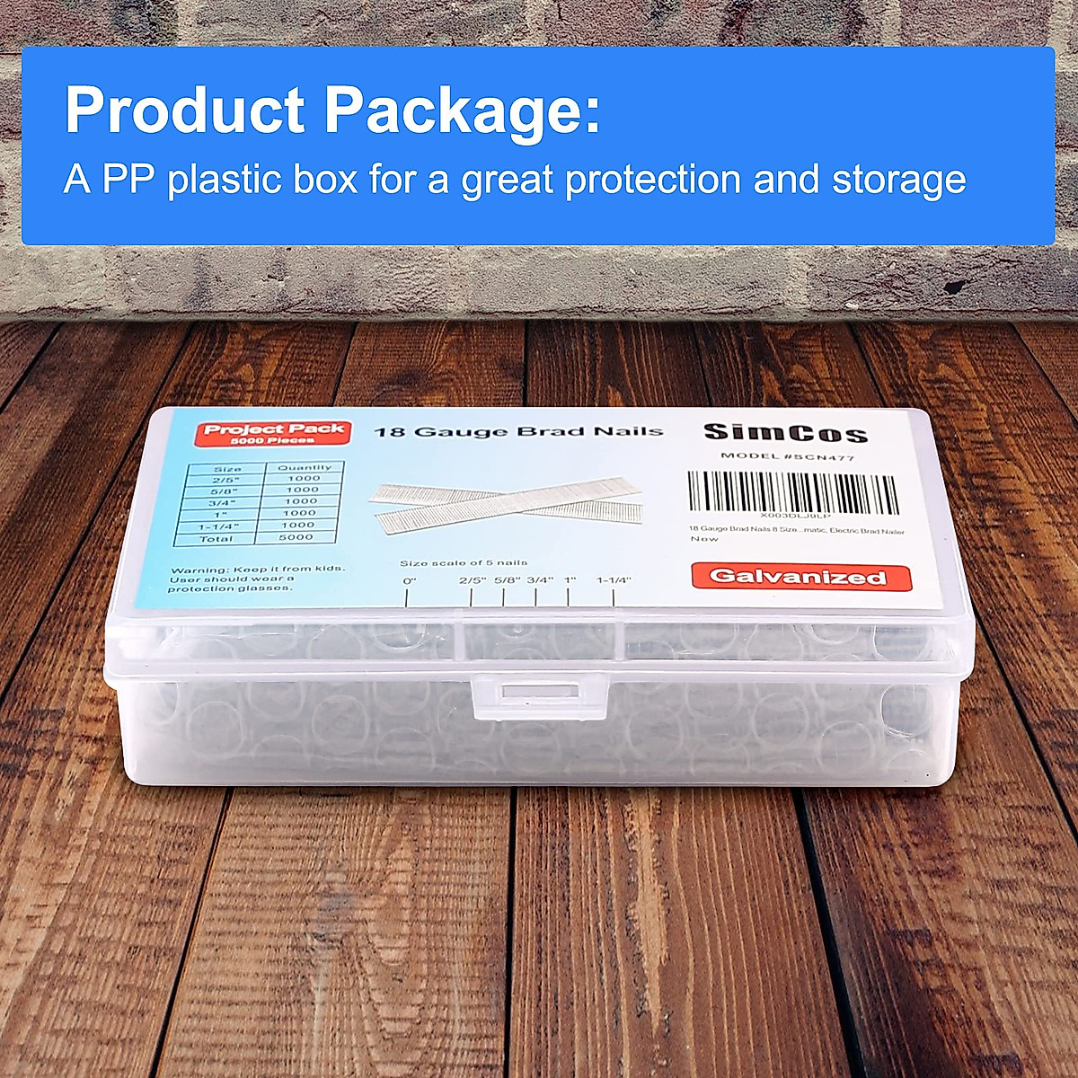 SimCos 5000 pcs 18 Gauge Brad Nails (2/5",5/8",3/4",1",1-1/4 inch) Galvanized 18 GA Nail Gun Nails Assorted and Small Finishing Nails for Pneumatic, Electric Brad Nailer(two kinds of package box)