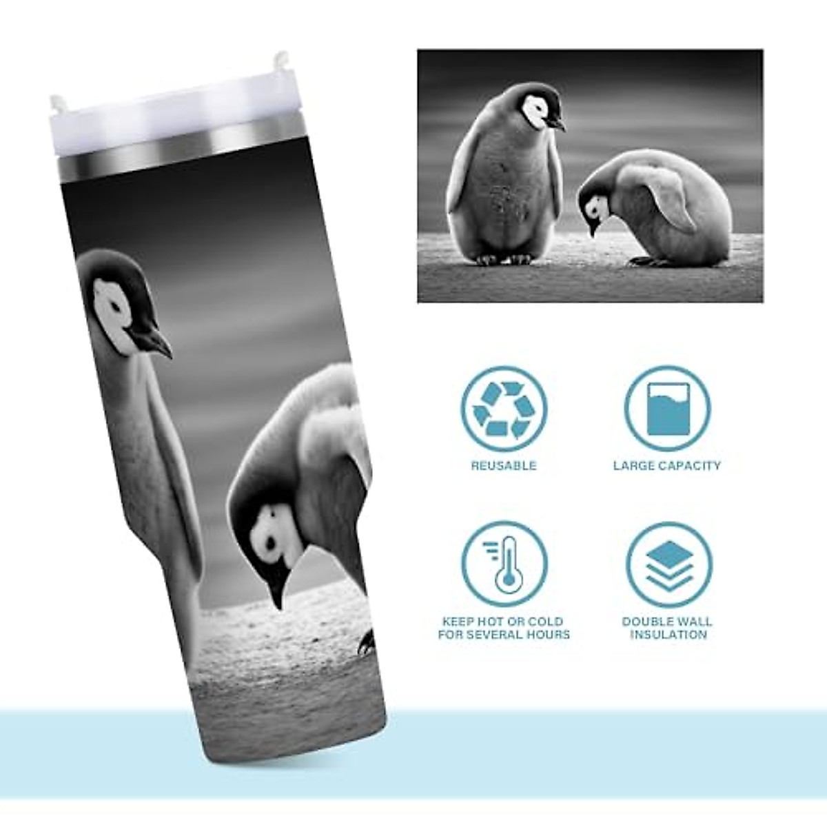 ODAWA Large Penguins Grey Insulated Water Tumbler with Lid and Straw, Stainless Steel Vacuum Insulated Tumbler