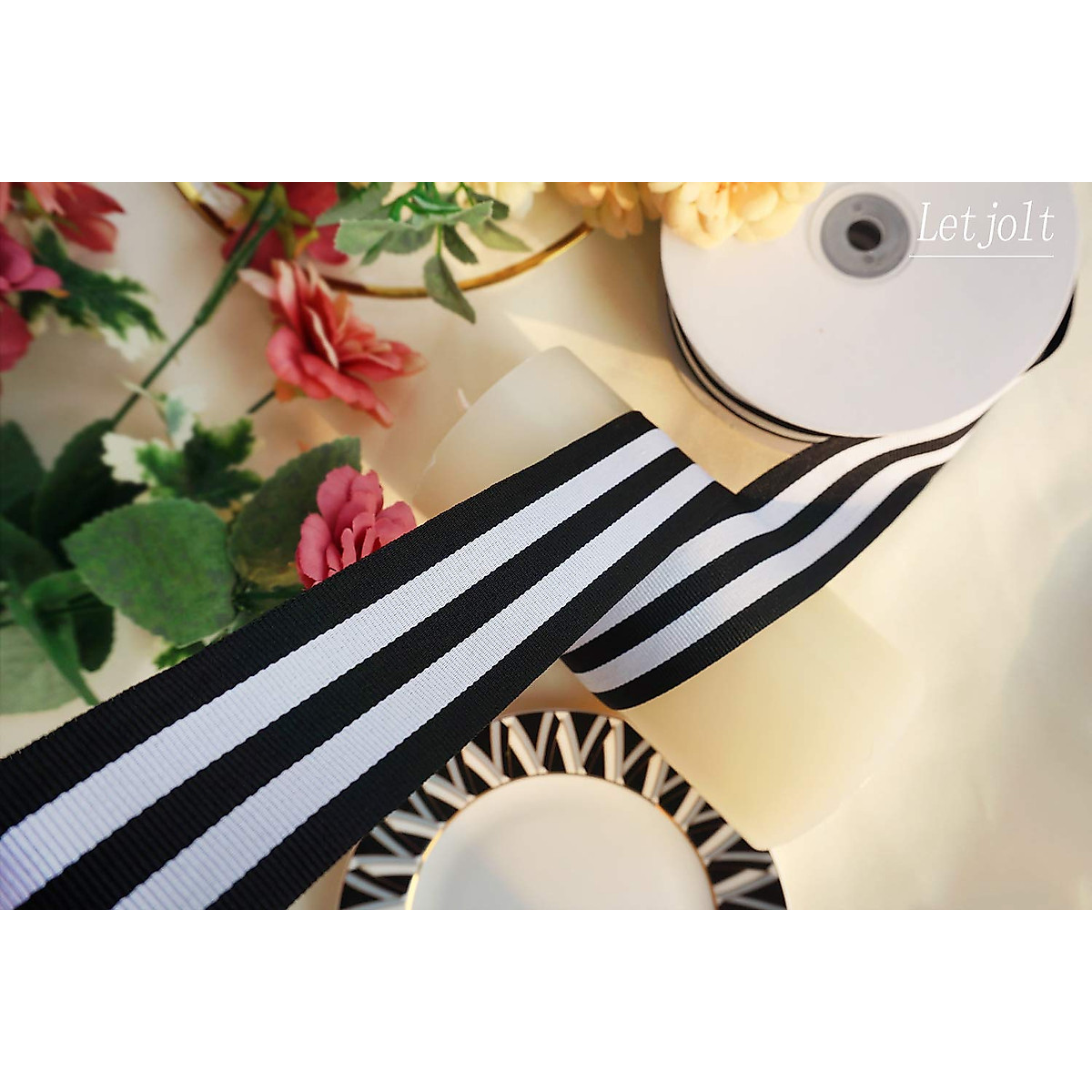 Striped Fabric Grosgrain Ribbon 1-1/2 Inch Wide 25 Yards Black and White Striped Ribbon for Bouquet Favor New Years Gifts Wraps Craft Trim Embellishments Supplies Decorations