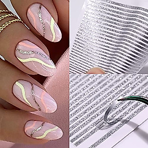 Line Nail Art Stickers Decals 3D Holographic Line Nail Stickers 6Pcs Rose Gold Silver Metal Stripe Nail Decals Geometric Stripe Line Curve Adhesive Nails Art Supplies Sliders for Women Manicure Decor
