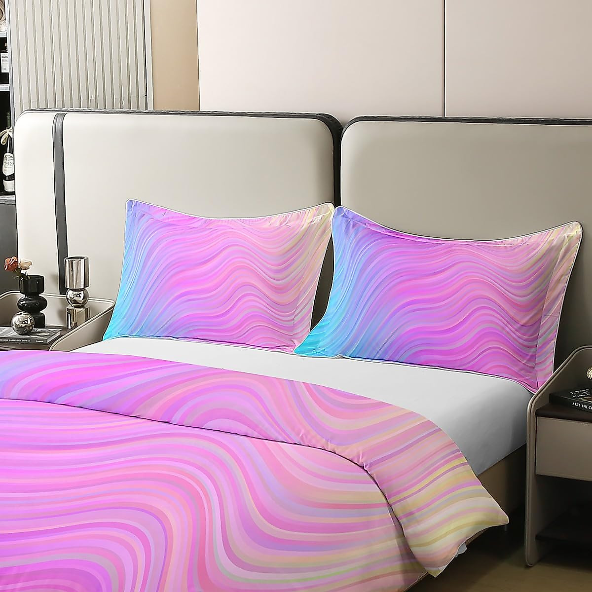 Erosebridal 100% Organic Cotton Rainbow Comforter Cover, Girls Bright Iridescent Striped Inspired Curved Lines Gradient Tie Dye Effect Hippie Comfy Bedding Set, Full Size, Teal Pink