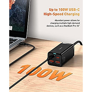 USB C Charger, Baseus 100W PD GaN3 Fast Wall Charger Block, 4-Ports [2USB-C + 2USB] Charging Station with 5ft AC Cable for Steam Deck,MacBook Pro/Air, USB-C Laptop, iPhone 13, Samsung Galaxy, etc