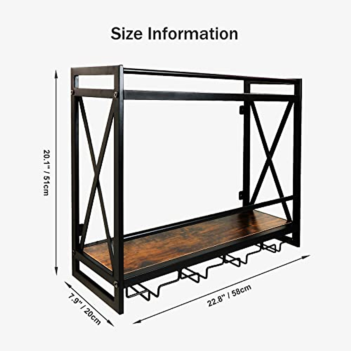 Farmhouse Wall Mounted Wine Rack, Industrial Vintage Hanging Wine Shelf, 2-Tier Solid Wood Wine Rack with Stemware Glasses Holder, Multipurpose Storage Display Shelf for Kitchen Living Room Cafe Bar
