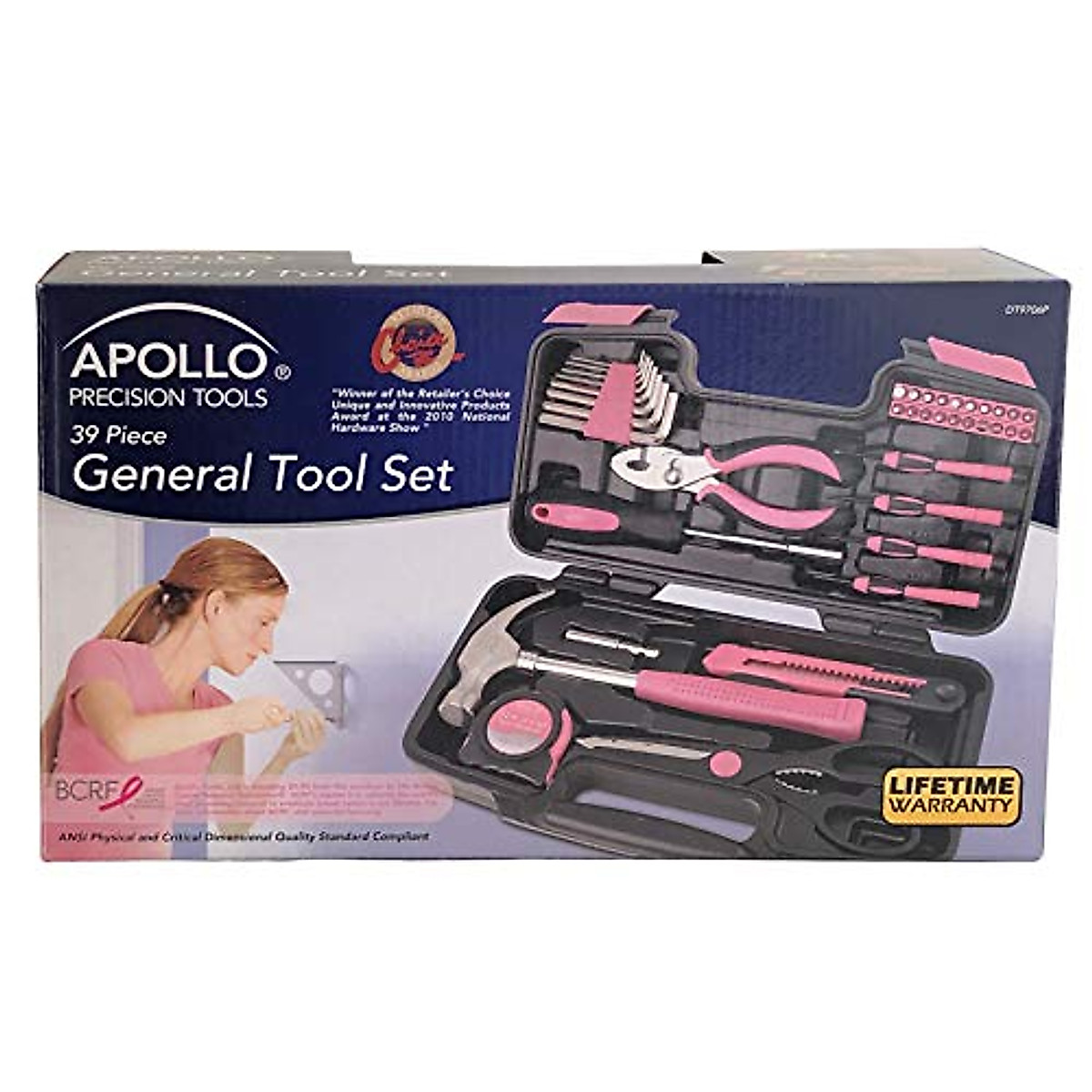Apollo Tools Original 39 Piece General Household Tool Set in Toolbox Storage Case with Essential Hand Tools for Everyday Home Repairs, DIY and Crafts - Pink Ribbon - Pink - DT9706P