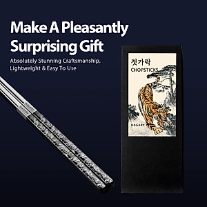Hagary Tiger Chopsticks Metal Chopsticks Reusable Designed In Korea Japanese Style Stainless Steel 316 18/10 Non-Slip Dishwasher Safe Laser Etched (Black - 5 Pairs)