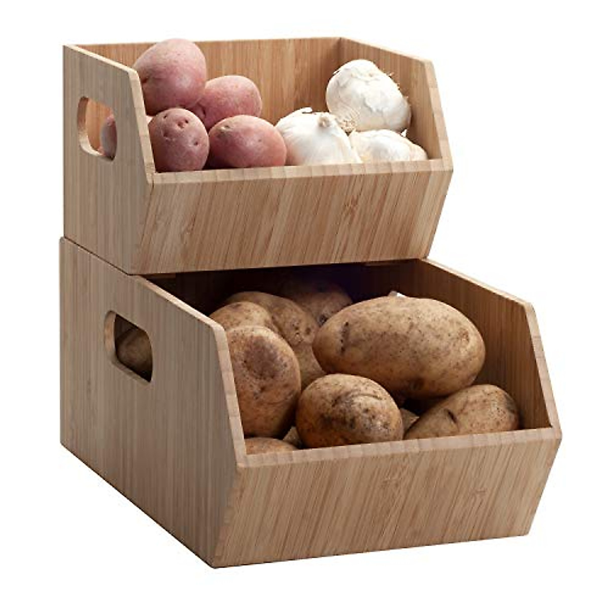 Bamboo Storage Bins for Pantry & Kitchen Cabinet Organizer Multi-Purpose 2 PC Stackable Set for Canned Goods, Vegetables, Pouches, Boxed Meals & more