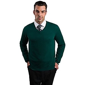 JENNIE LIU Men's 100% Pure Cashmere Long Sleeve Pullover V Neck Sweater (XXL, Green)