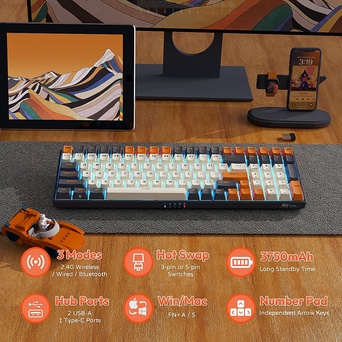 RK ROYAL KLUDGE RK100 2.4G Wireless/Bluetooth/Wired RGB Mechanical Keyboard, 100 Keys 3 Modes Connectable Hot Swappable Brown Switch Gaming Keyboard for Win/Mac