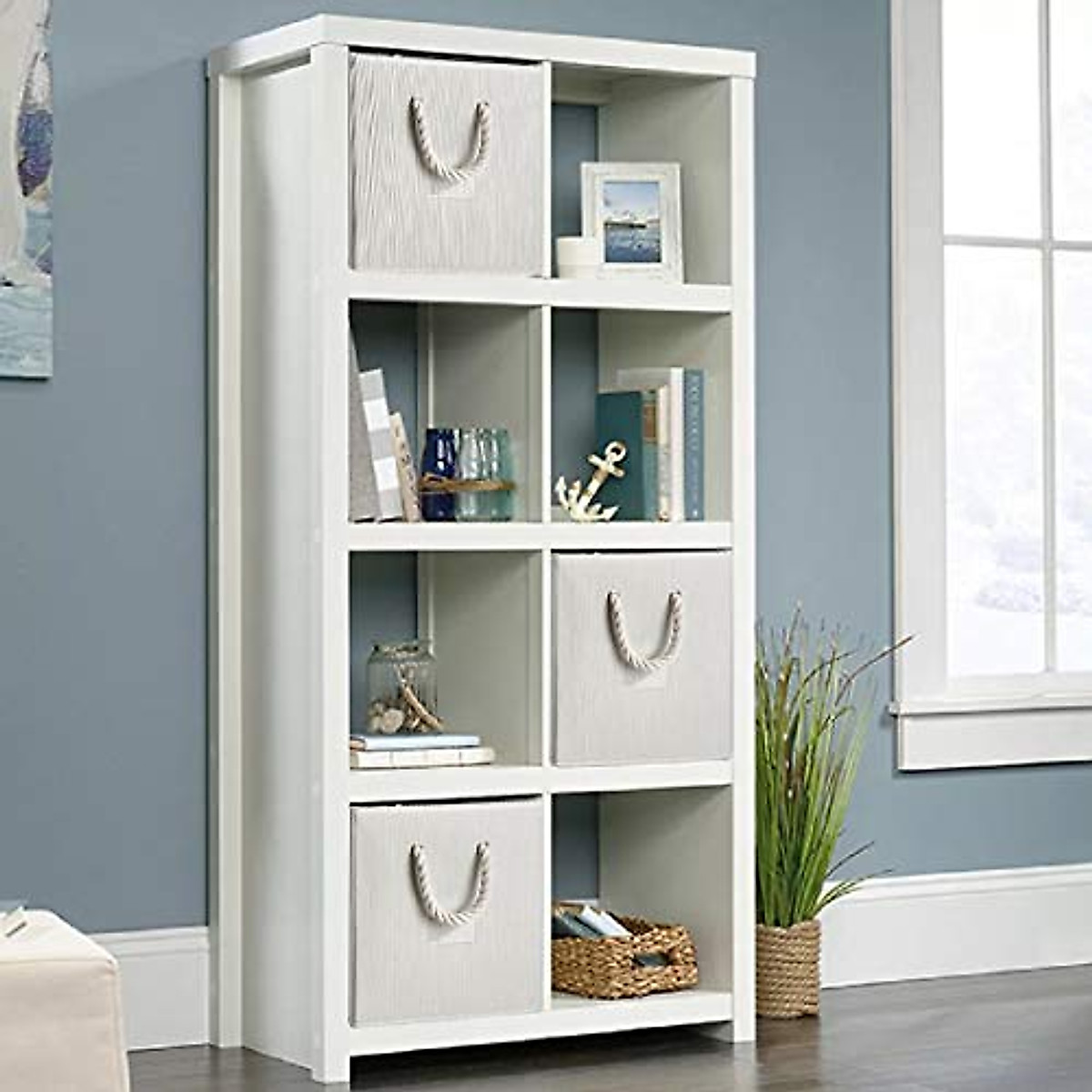 i BKGOO Foldable Storage Cube Bins Beige-White Bamboo Fabric Collapsible Resistant Basket Box Organizer with Cotton Rope Handle for Home Office and Nursery 13x13x13 inch