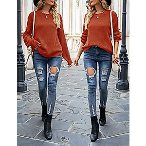 MEROKEETY Women's 2023 Casual Fall Waffle Knit Sweater Long Balloon Sleeve Loose Pullover Jumper, Rust, M