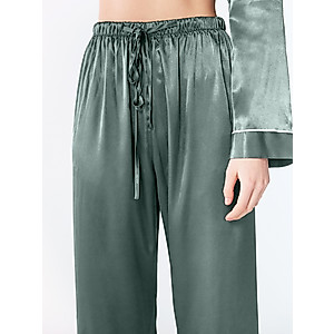 SIORO Womens Pajama Sets Silk PJ Satin Pijamas Two Piece Pants Set Sleepwear Loungewear PJS Plus Size, Greyish Green, X-Large