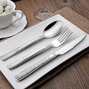 Paincco 60-Piece Hammered Silverware Set for 12, Stainless Steel Square Flatware Cutlery Set, Eating Utensils Sets Include Knife Fork Spoon, Modern Design & Mirror Polished - Dishwasher Safe