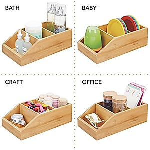 mDesign Bamboo Wood Food Storage Bin with Divided 3 Compartments and Sloped Front for Kitchen Cabinet, Pantry, Shelf to Organize Seasoning Packets, Powder Mixes, Spices, Snacks - Natural