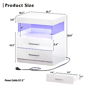 DMIDYLL High Glossy LED Nightstand, White Night Stand with Charging Station and LED Lights, Wood Night Stand with Drawers & Open Shelf, Smart Nightstand for Bedroom