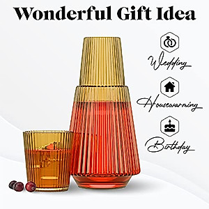 American Atelier Vintage Bedside Water Carafe with Tumbler – 37 Oz Ribbed Pitcher and Matching Drinking Glass Doubles as Lid for Guest Room, Office, or Gift, 4.5”x 9.25" (Amber)