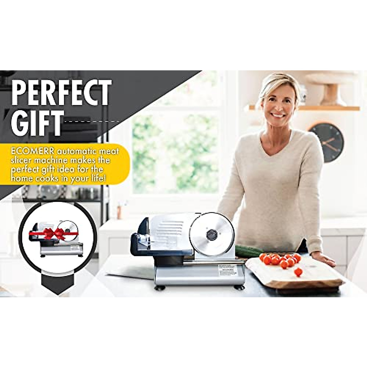 Ecomerr Electric Meat Slicer for Home Use - Automatic Deli Slicer Machine for Cheese, Bread, Vegetables - Round Stainless-Steel Blade, Adjustable Cutting Thickness - Kitchen Food Preparation Equipment
