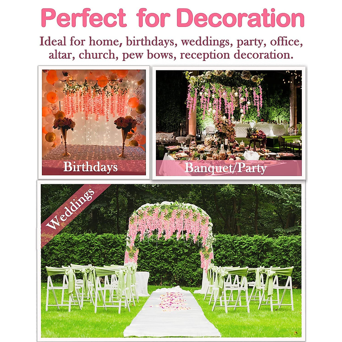 Shitime 12 Pack 43" Artificial Flower Wisteria Hanging Flowers, Vine Ratta Garlands for Home Party Wedding Garden Outdoor Office Wall Decoration. (Pink)