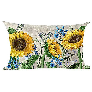 Ramirar Watercolor Yellow Sunflowers Blue Flowers Summer Decorative Lumbar Throw Pillow Cover Case Home Living Room Bed Sofa Car Cotton Linen Rectangular 12 x 20 Inches