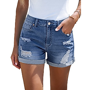 LookbookStore Jean Shorts for Women Summer Ripped Denim Shorts Women Stretchy Jean Shorts 2024 Women High Waist Ripped Folded Hem Distressed Denim Jean Shorts Pants Navy Peony Size L Size 12 Size 14